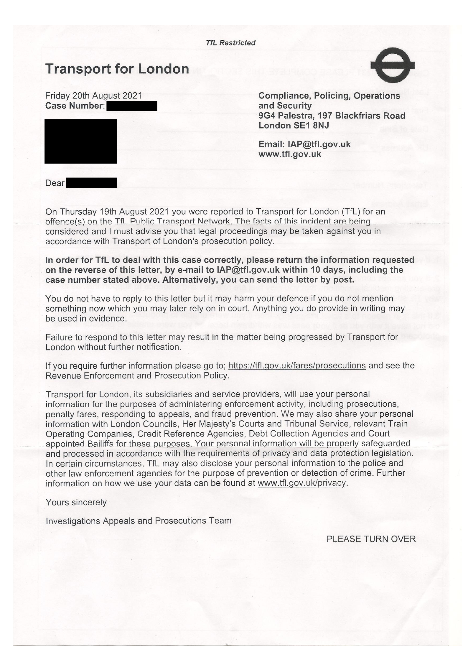 TfL Verification Letters: Receiving an Information Request